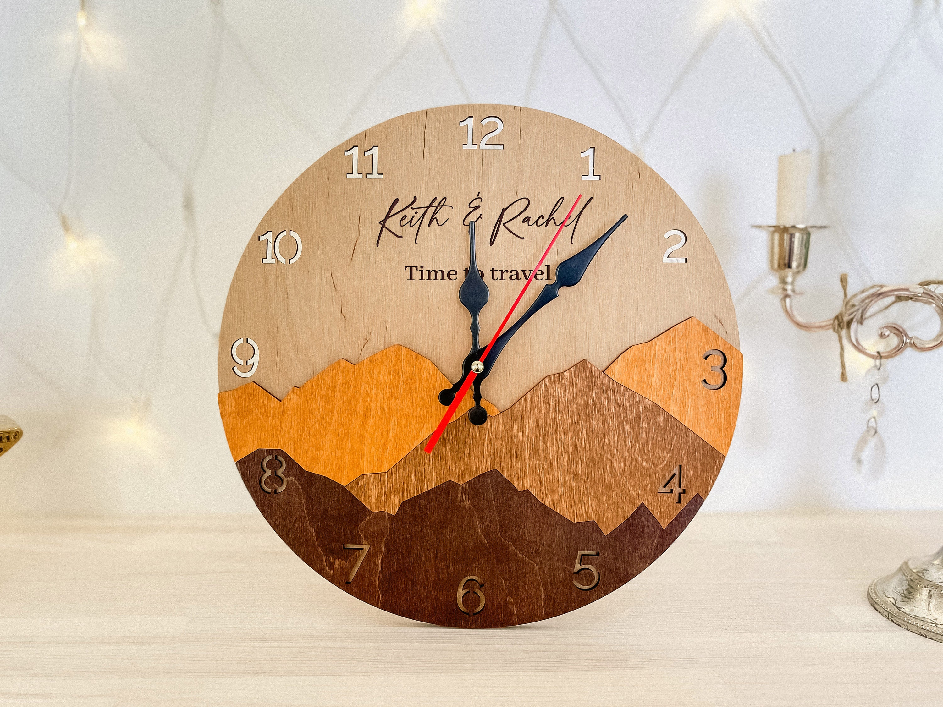 Mountain Wooden Wall Clock, Personalised Family Name Clock, Modern Home ...
