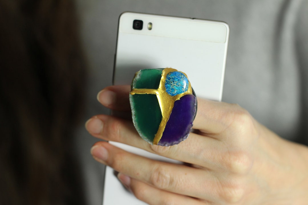 Kintsugi Style Unique Phone Grip Made of Gemstones Rare Fashionable ...