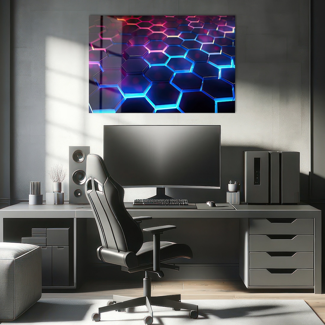 Neon Hexagon Glass Wall Art, Gaming Wall Decor, E-sports Neon Honeycomb ...