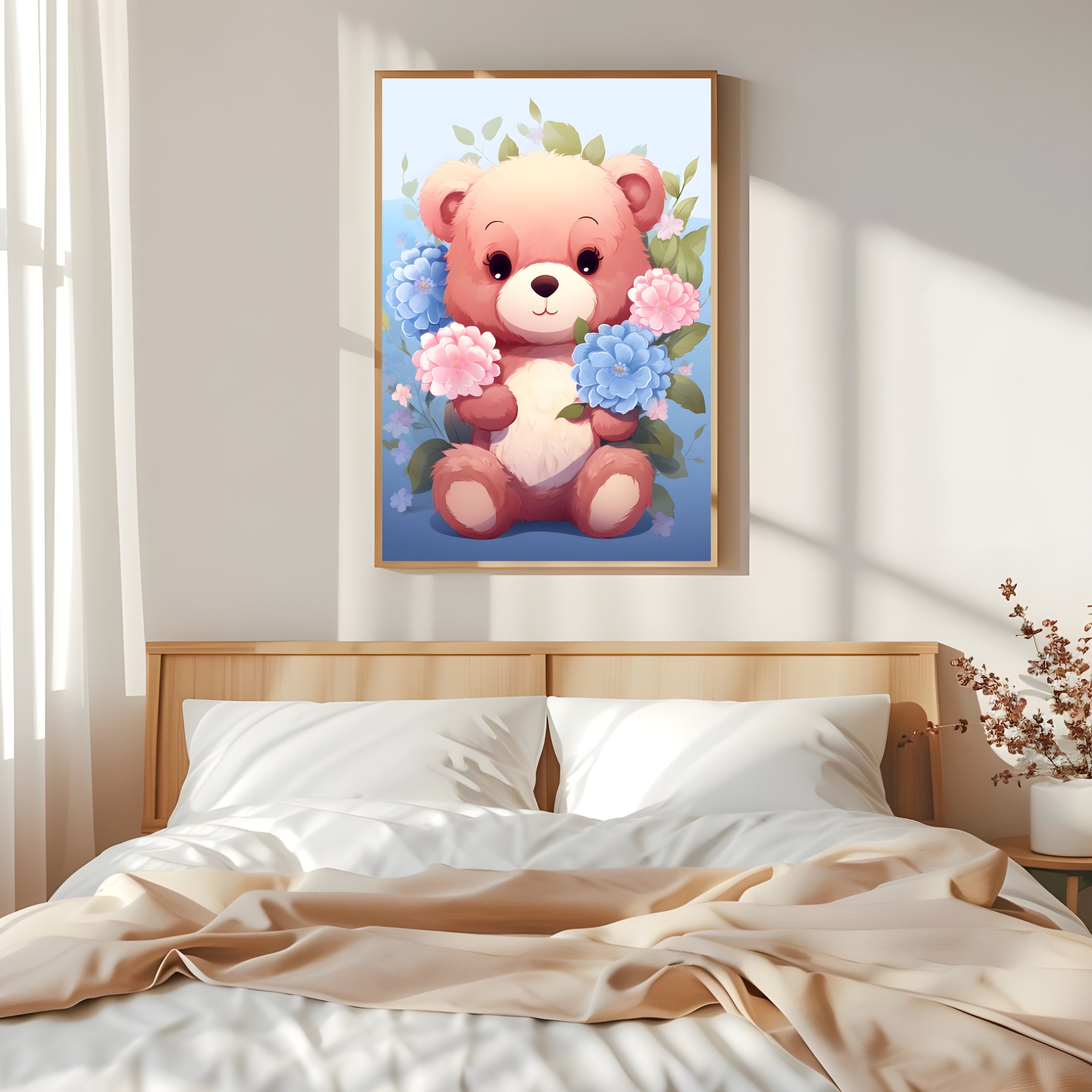 Teddy Bear With Flowers Wall Art Printable for Nursery Decor,teddy Bear ...