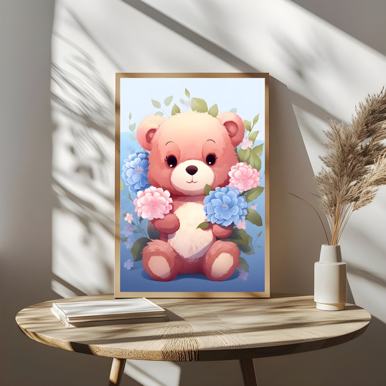 Teddy Bear With Flowers Wall Art Printable for Nursery Decor,teddy Bear ...