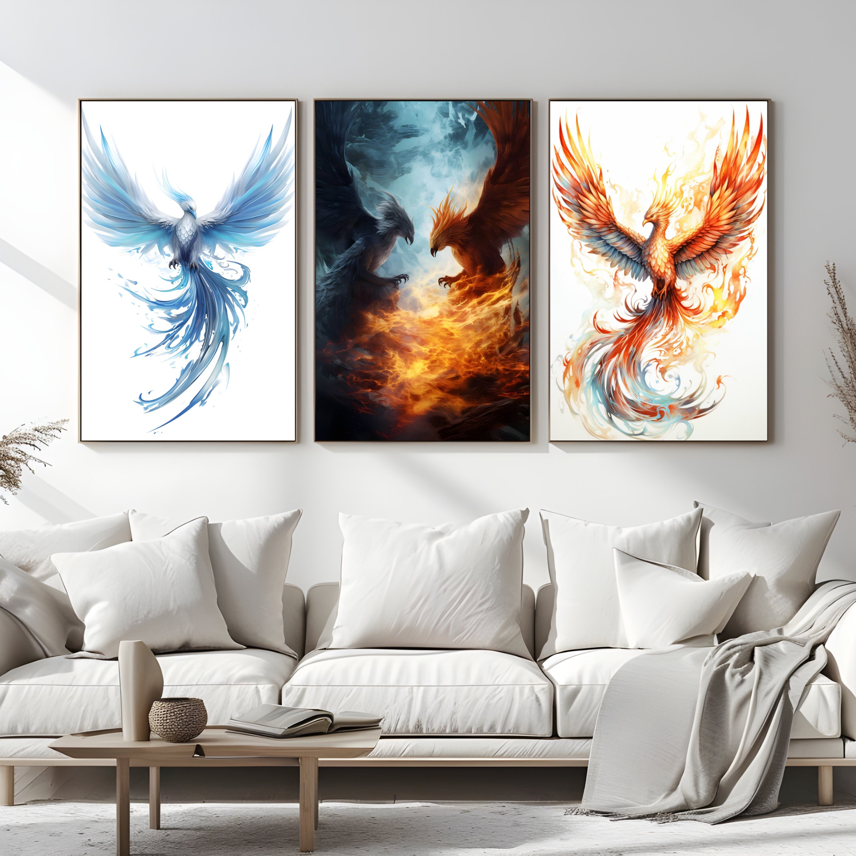 Set of 3 Ice and Fire Phoenix Wall Art Prints for Wall Decor,animal Art ...
