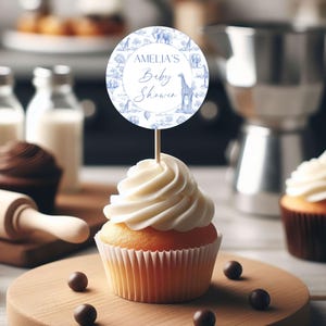 Blue Toile Baby Shower Cupcake Topper Printable Template Blue Toile ...