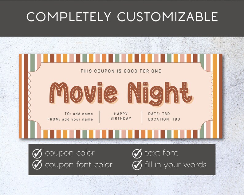 Movie Night Gift Coupon Movie Date Voucher Editable Template Movie ...