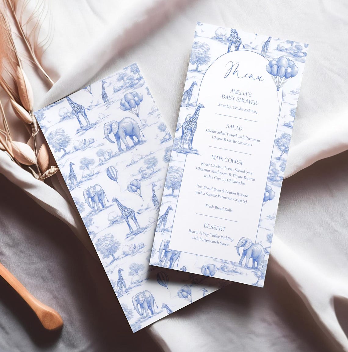 Chinoiserie Editable Baby Shower Menu Card 4x9 Toile Blue Boy Shower ...