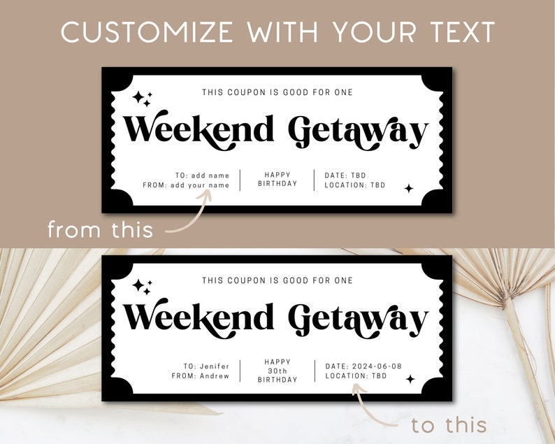 Weekend Getaway Gift Coupon Editable Weekend Together Gift Idea for ...