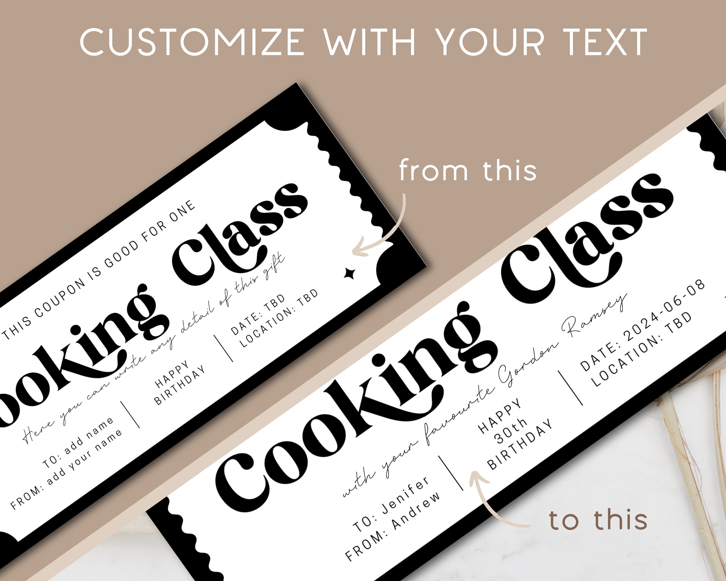 Cooking Class Gift Certificate Custom Coupon for Her Anniversary Gift ...