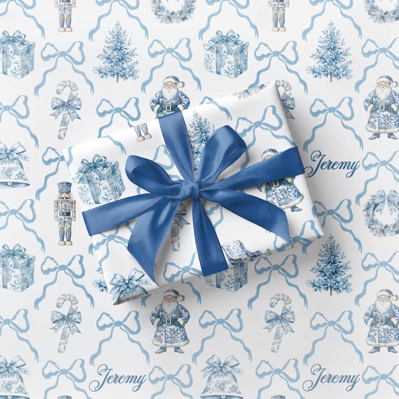 Blue Toile Wrapping Paper Christmas Blue Bow Gift Wrap Personalized ...