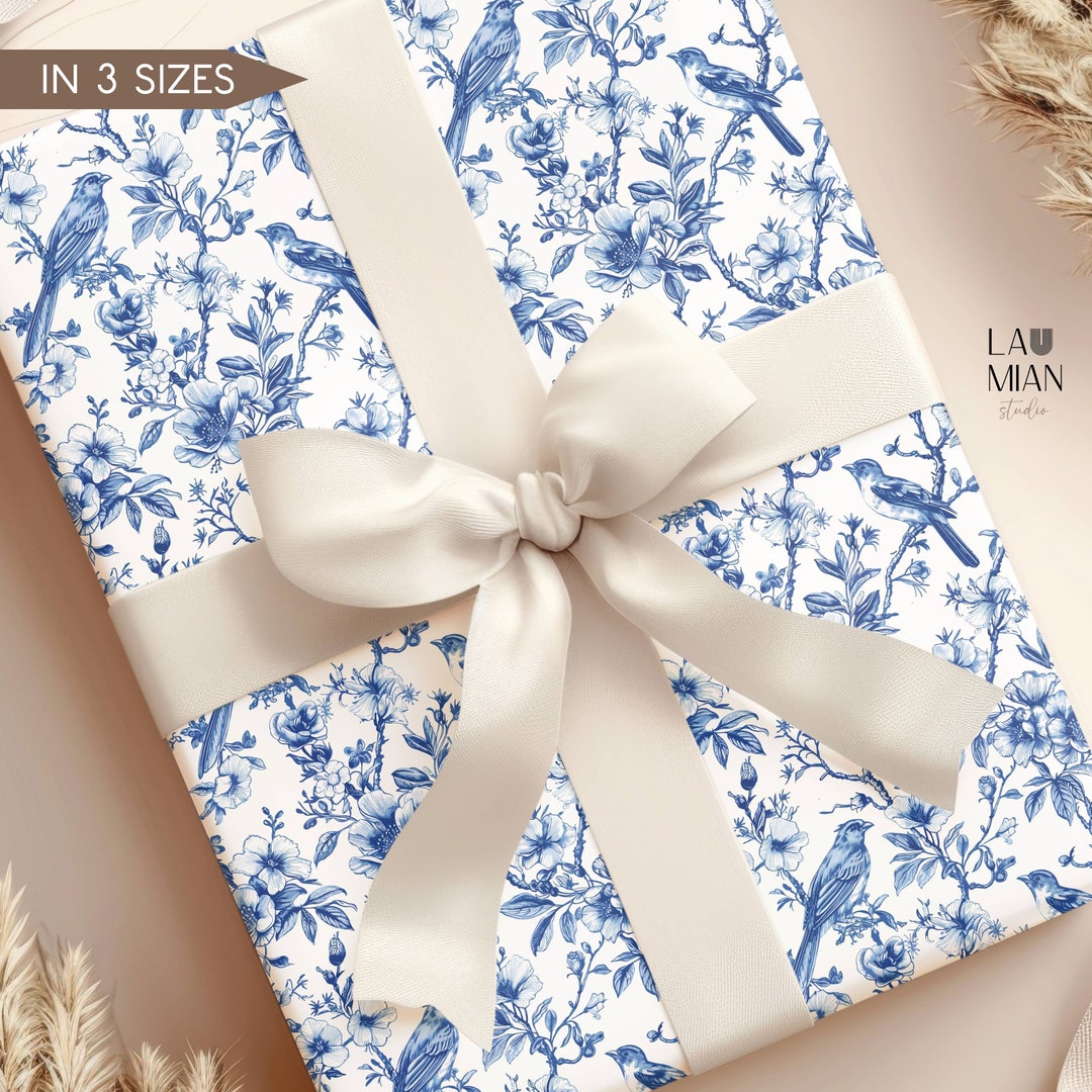 Blue Chinoiserie Wrapping Paper Blue Floral Toile Gift Wrap Roll Blue ...