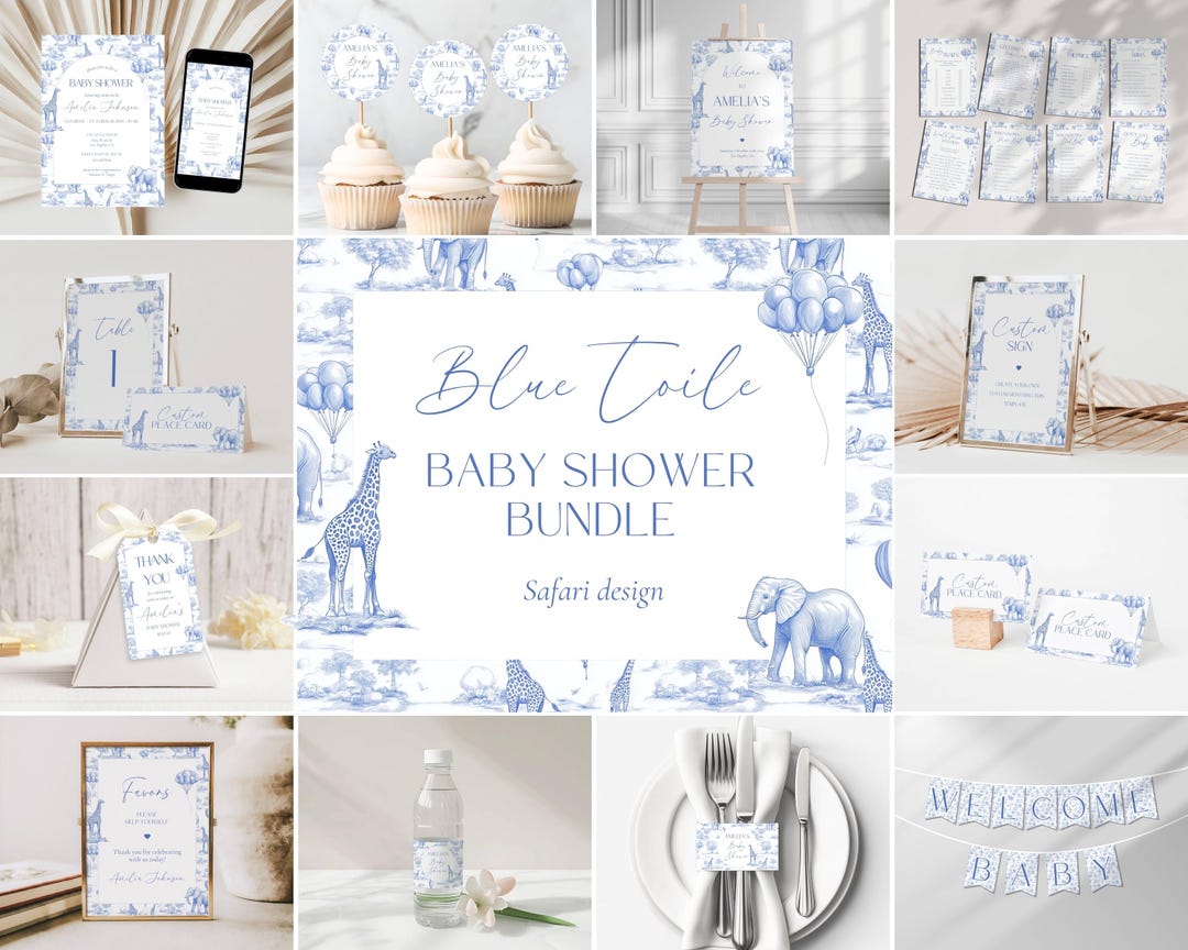 Blue Toile Baby Shower Bundle Boy Baby Shower Decor Elegant Chinoiserie ...