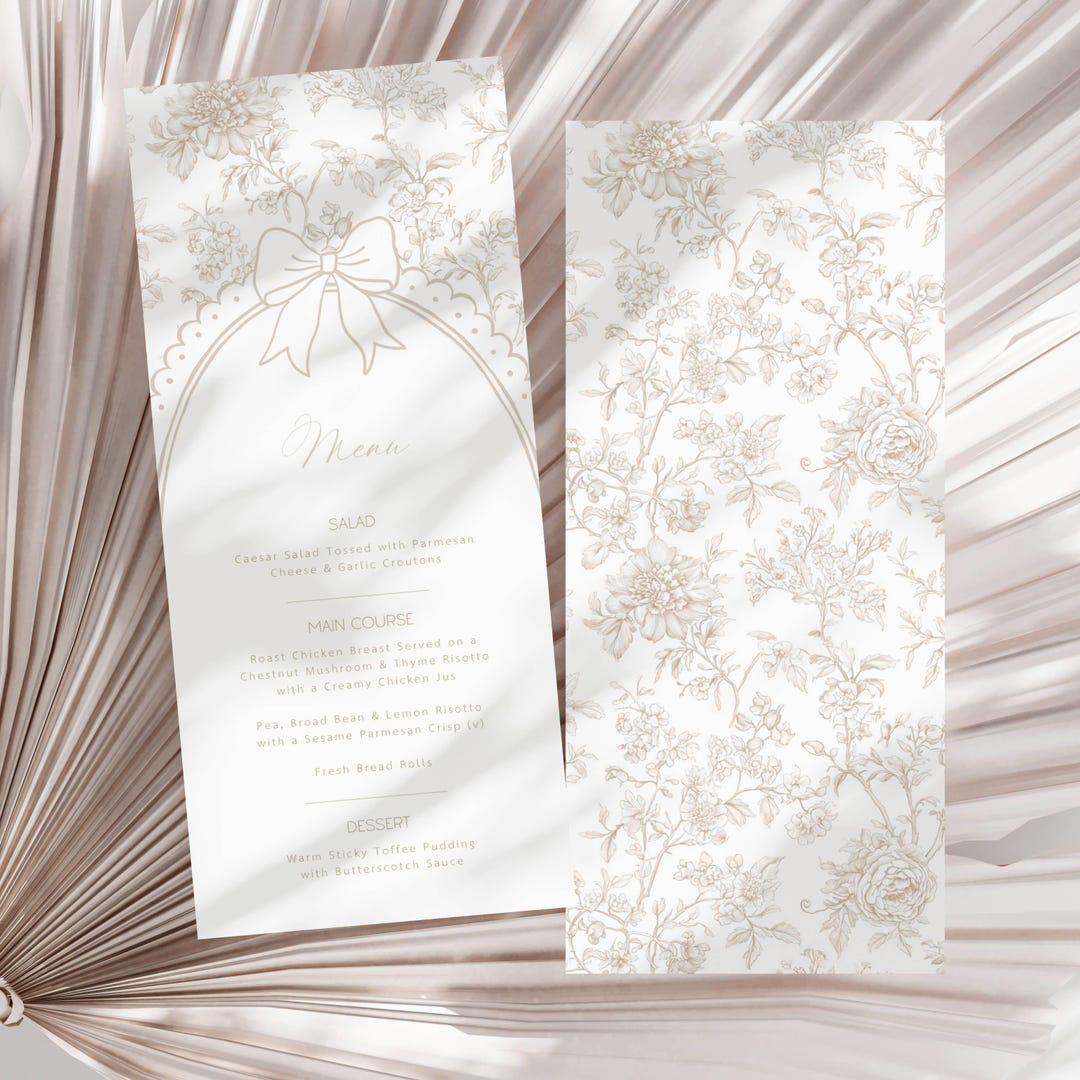 Beige Toile Baby Shower Menu Template Floral Bridal Shower Brunch Menu ...