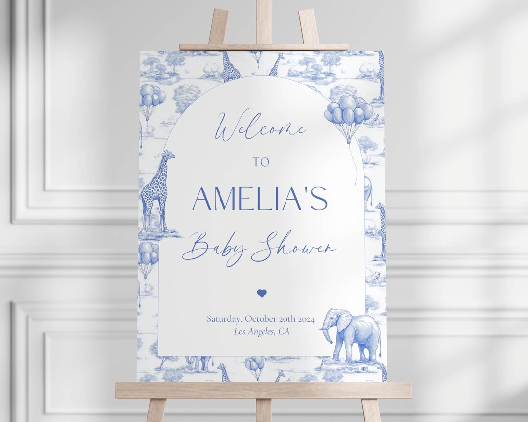 Blue Toile Baby Shower Welcome Sign Chinoiserie Boy Baby Shower Welcome ...