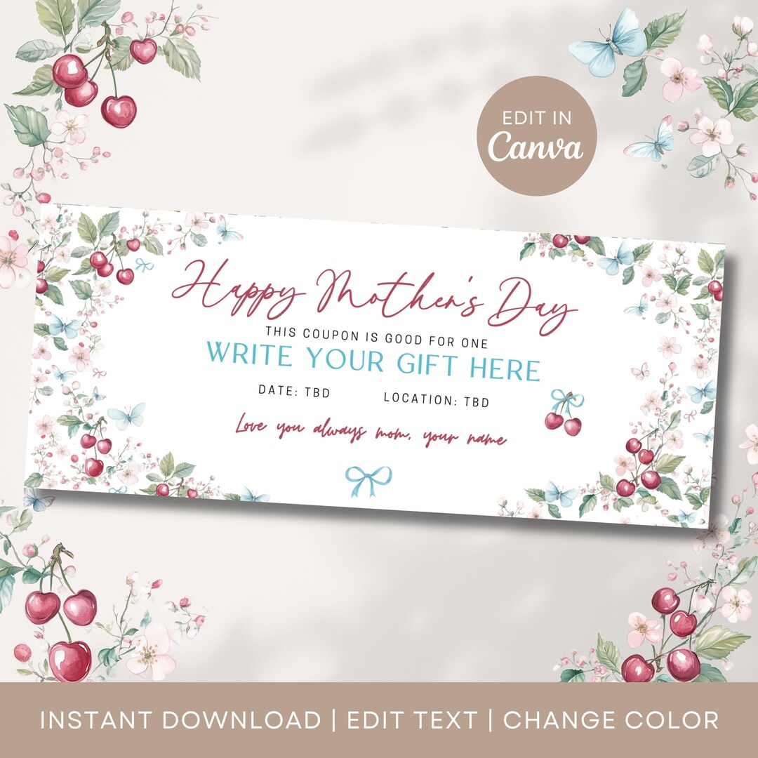 Editable Mothers Day Voucher Cherry Blossom Mother's Day Gift Coupon ...