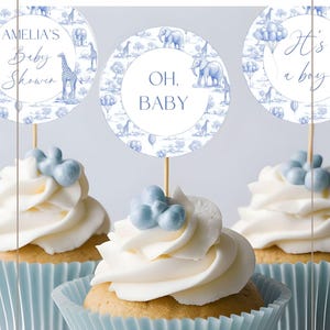 Blue Toile Baby Shower Cupcake Topper Printable Template Blue Toile ...
