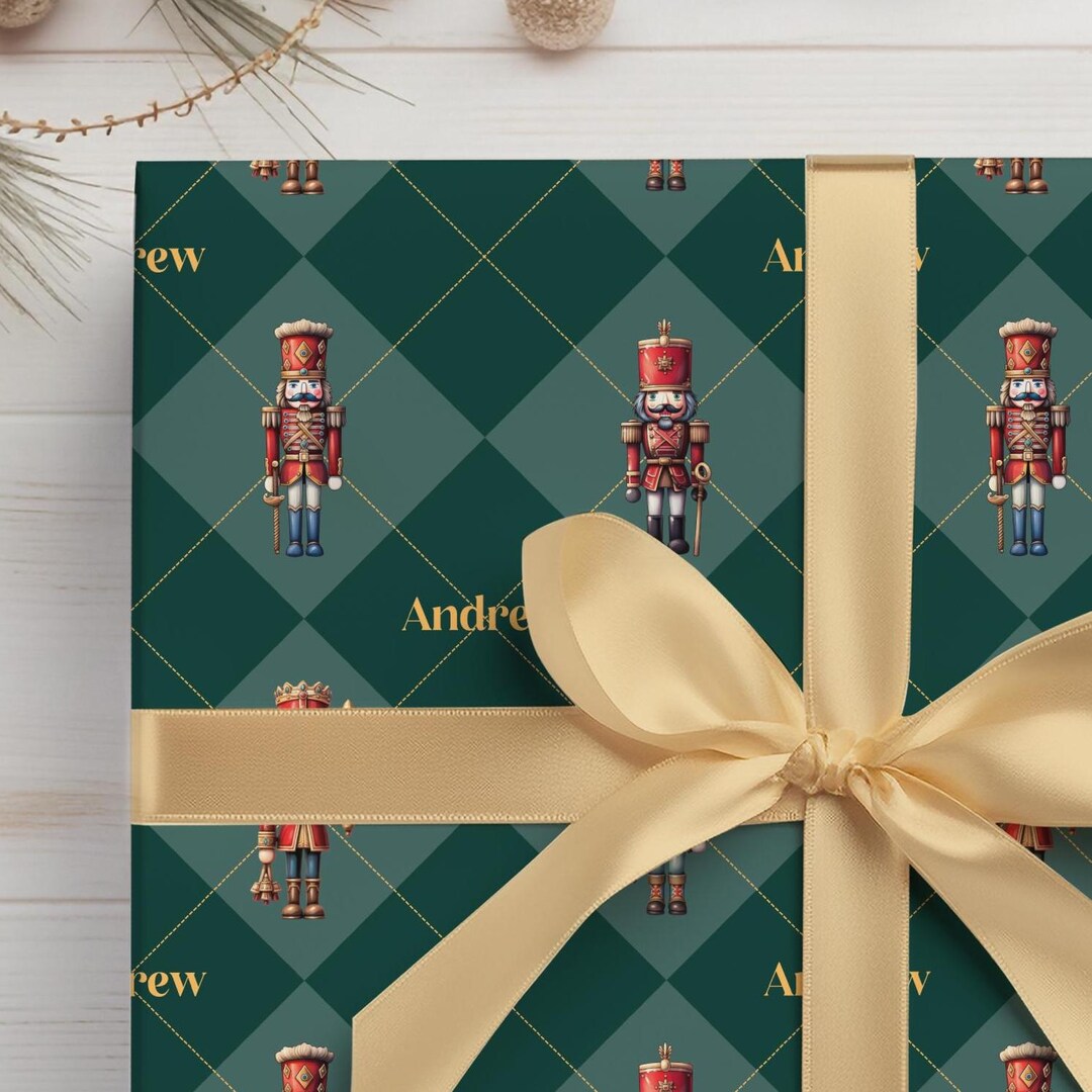 Nutcracker Christmas Green Wrapping Paper Custom Name Holiday Gift Toy ...