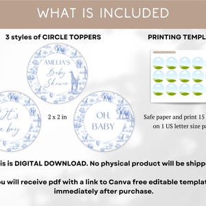 Blue Toile Baby Shower Cupcake Topper Printable Template Blue Toile ...