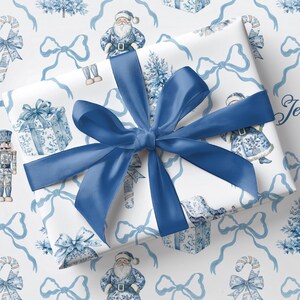 Blue Toile Wrapping Paper Christmas Blue Bow Gift Wrap Personalized ...