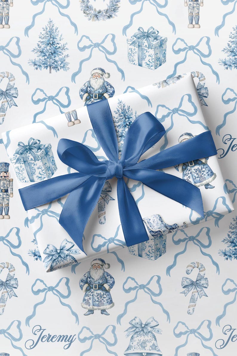 Blue Toile Wrapping Paper Christmas Blue Bow Gift Wrap Personalized ...