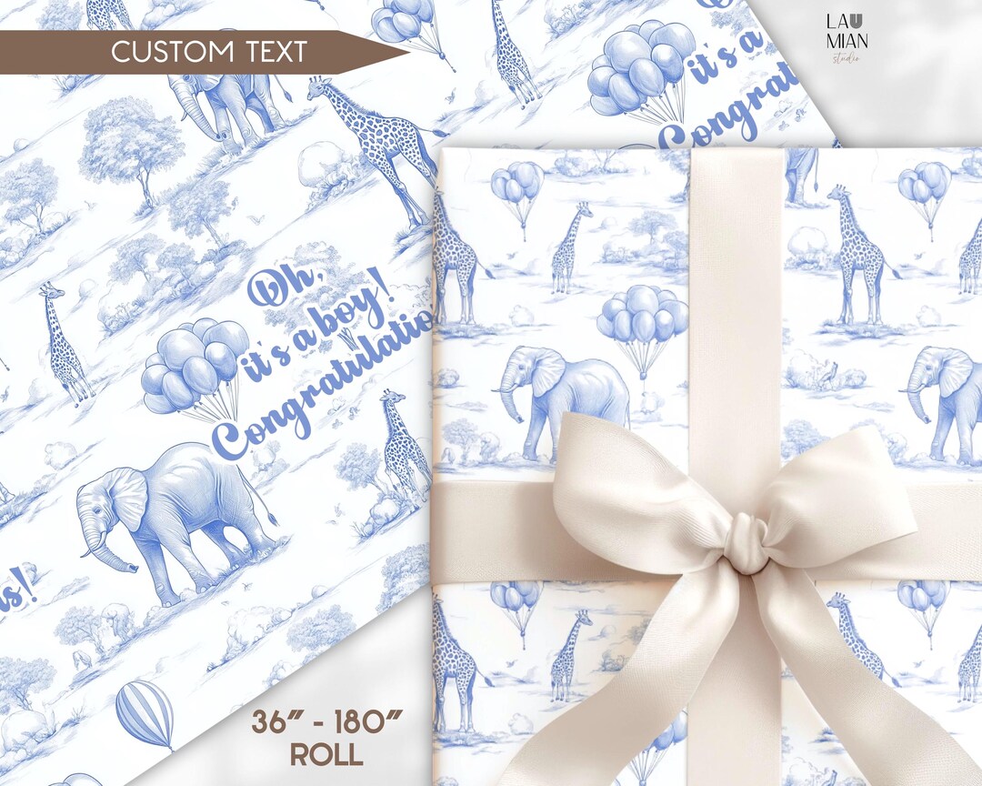 Baby Shower Gift Wrapping Paper Toile De Jouy Safari Gift Wrap Blue ...