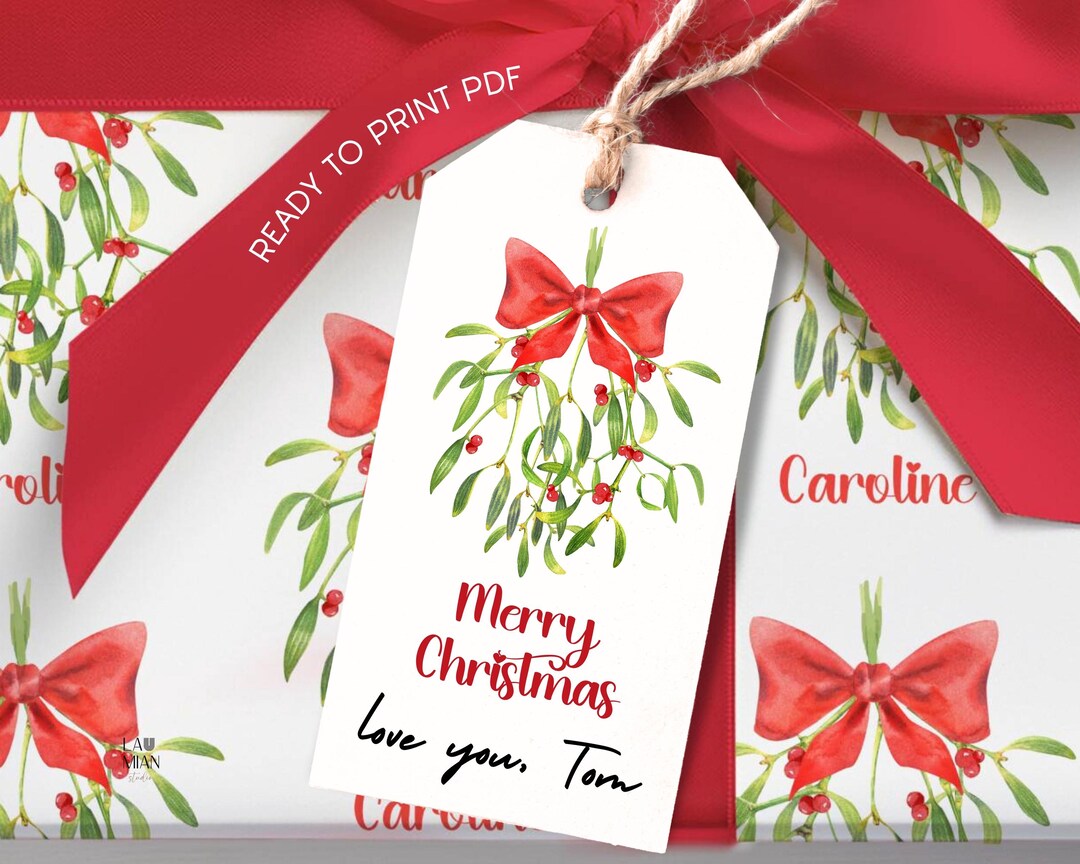 Custom Name Mistletoe Gift Tag Christmas Tag Wife Personalized Red Bow ...