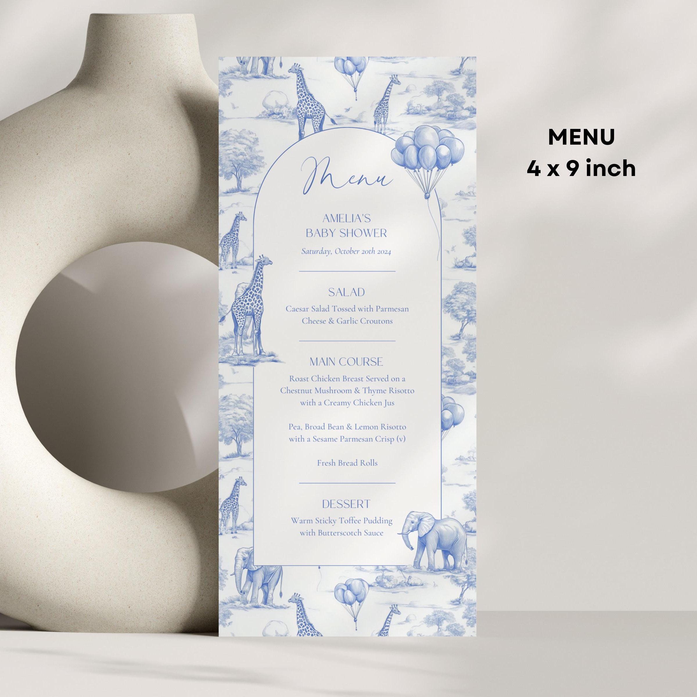 Chinoiserie Editable Baby Shower Menu Card 4x9 Toile Blue Boy Shower ...