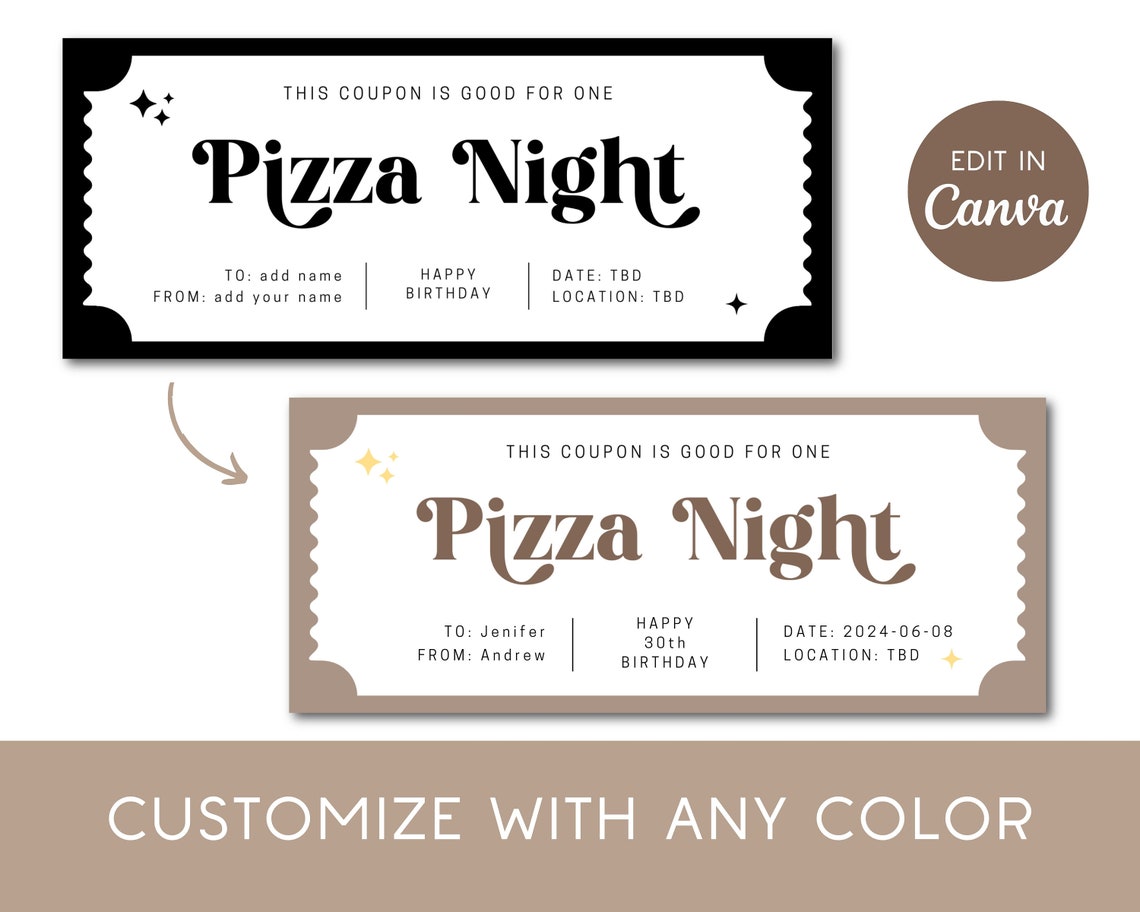 Pizza Night Gift Coupon Dinner Date Gift Certificate Template Editable ...