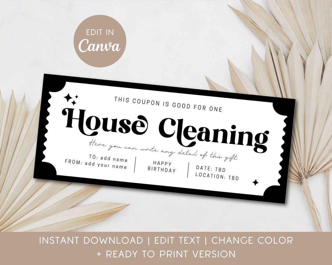 House Cleaning Gift Coupon Home Cleaning Voucher Editable Certificate ...