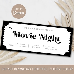 Movie Night Gift Coupon Editable Template Movie Date Voucher Movie ...