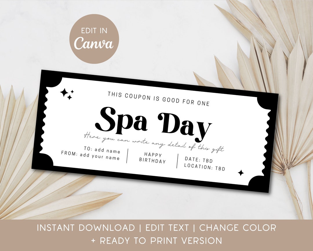 Spa Day Gift Coupon Spa Wellness Editable Voucher Digital Ticket for ...