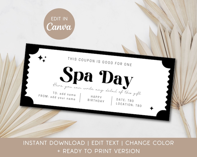 Editable Spa Day Coupon, Printable Spa Ticket Voucher, Custom Spa Day ...