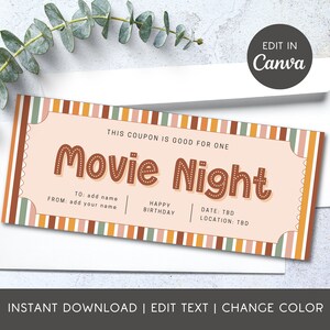 Movie Night Gift Coupon Movie Date Voucher Editable Template Movie ...