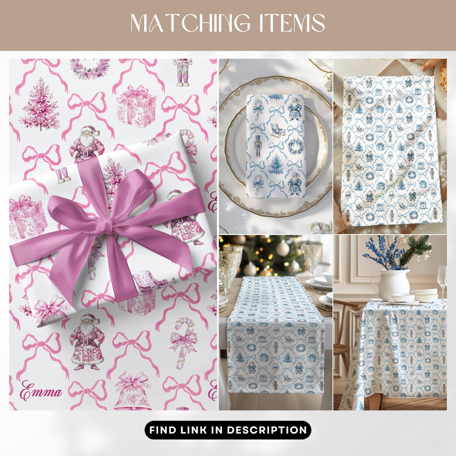 Blue Toile Wrapping Paper Christmas Blue Bow Gift Wrap Personalized ...