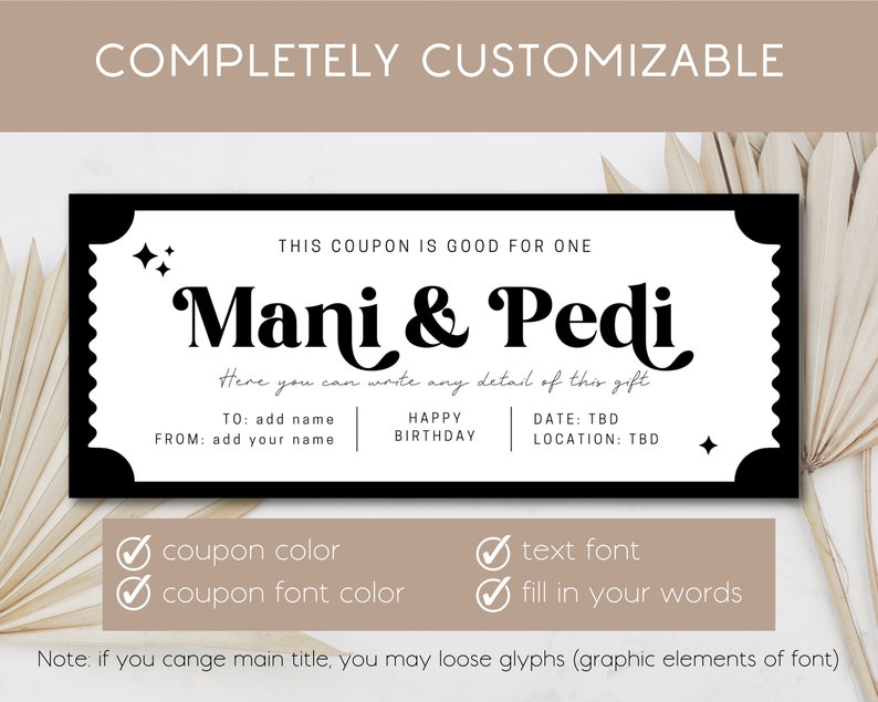 Mani Pedi Gift Coupon Girls Day Voucher Custom Text Manicure Ticket for ...