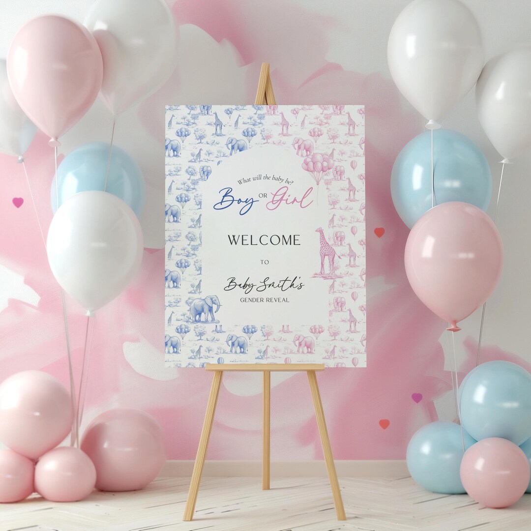 Animal Gender Reveal Welcome Sign Blue and Pink Welcome Poster Template ...