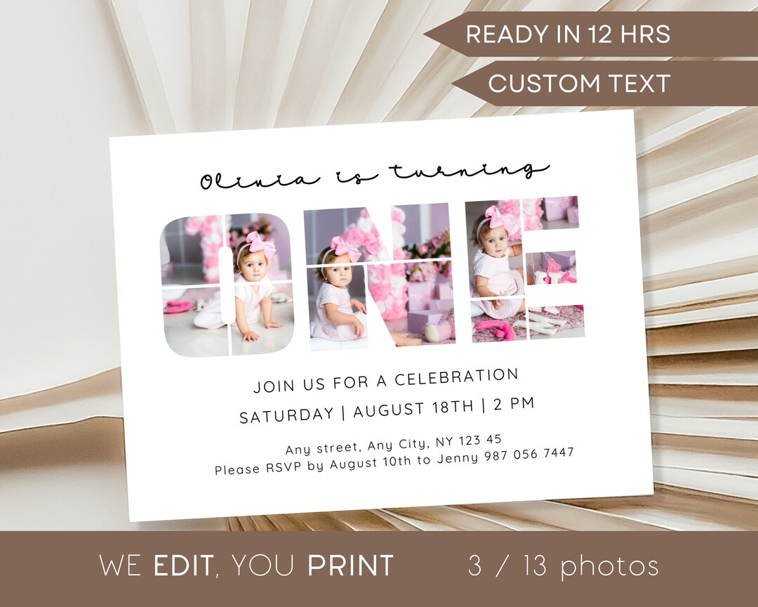 First Birthday Invitation With Photo of Baby Girl is Turning ONE ...