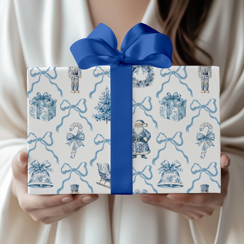 Blue Toile Wrapping Paper Christmas Blue Bow Gift Wrap Personalized ...