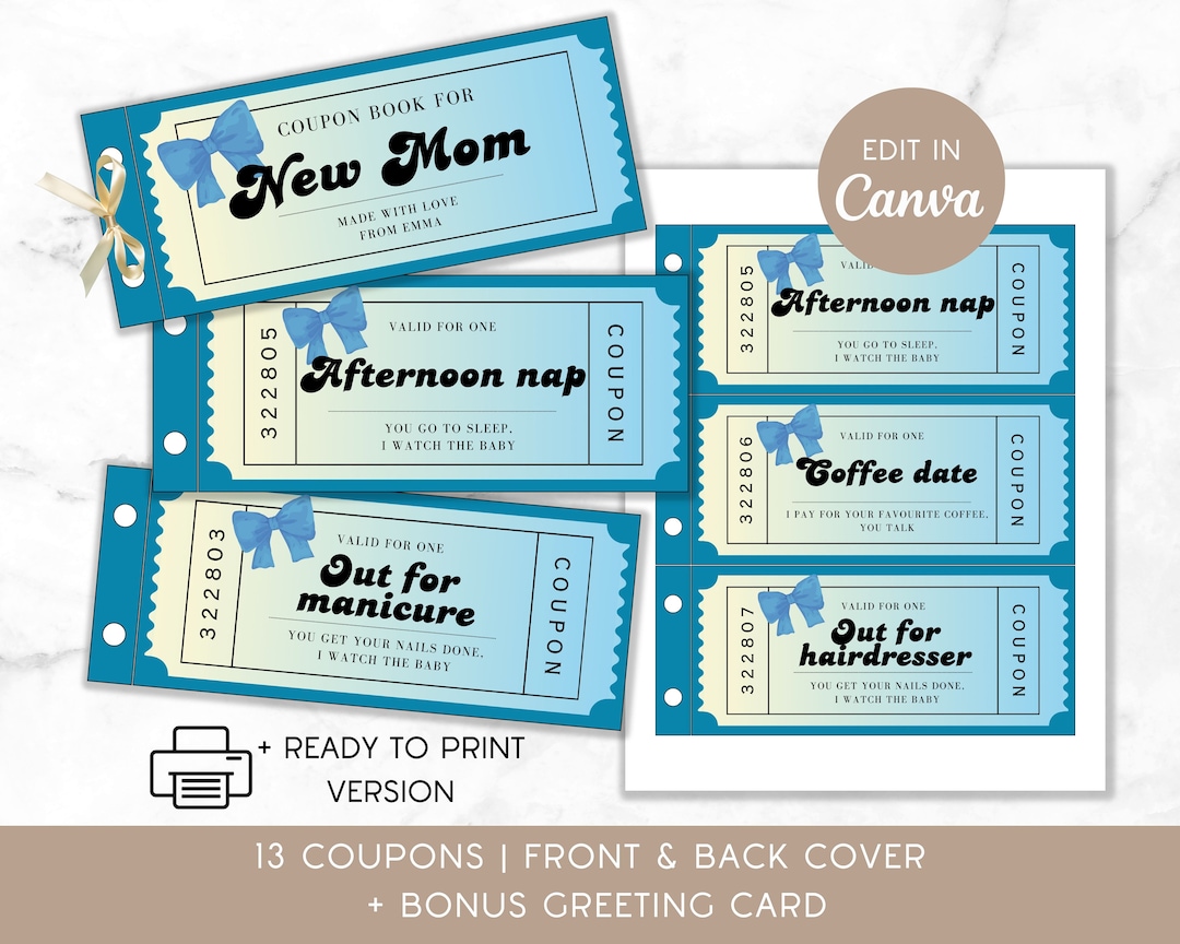 Childbirth Gift for New Boy Mama Printable Coupon Book Newborn Boy ...