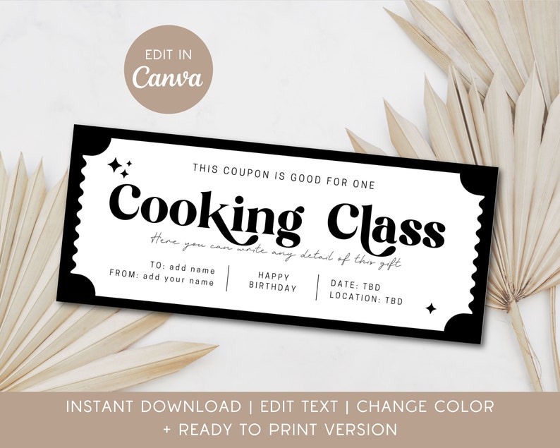 Cooking Class Gift Certificate Custom Coupon for Her Anniversary Gift ...