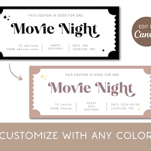 Movie Night Gift Coupon Editable Template Movie Date Voucher Movie ...