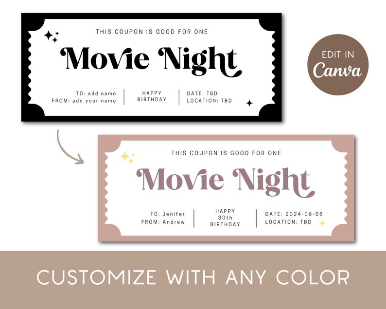 Movie Night Gift Coupon Editable Template Movie Date Voucher Movie ...