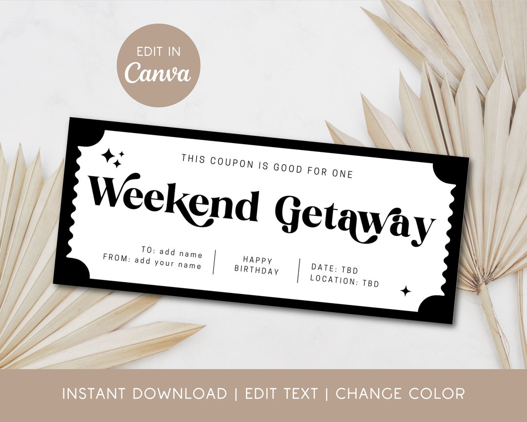 Weekend Getaway Gift Coupon Editable Weekend Together Gift Idea for ...