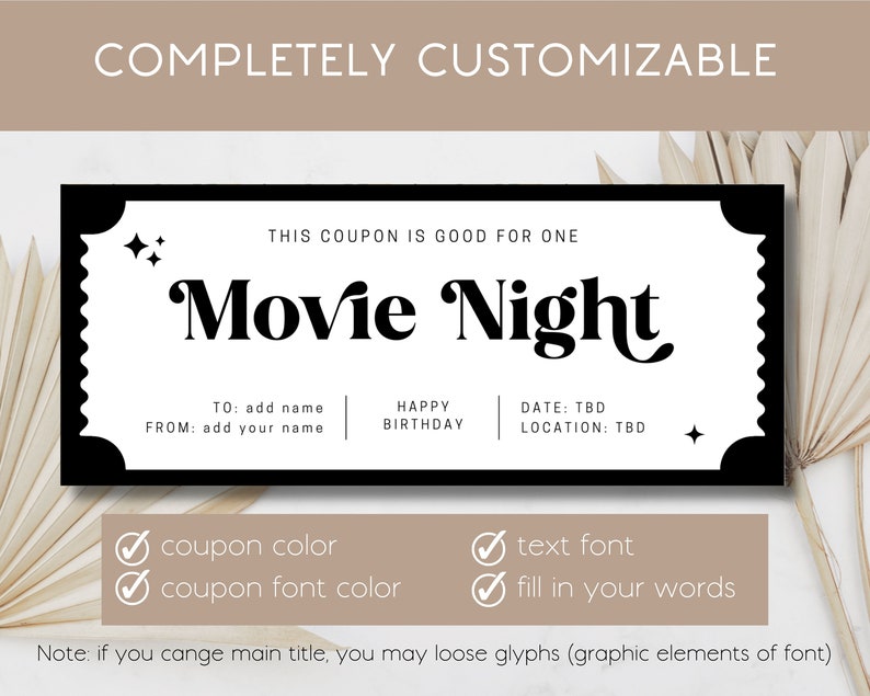 Movie Night Gift Coupon Editable Template Movie Date Voucher Movie ...