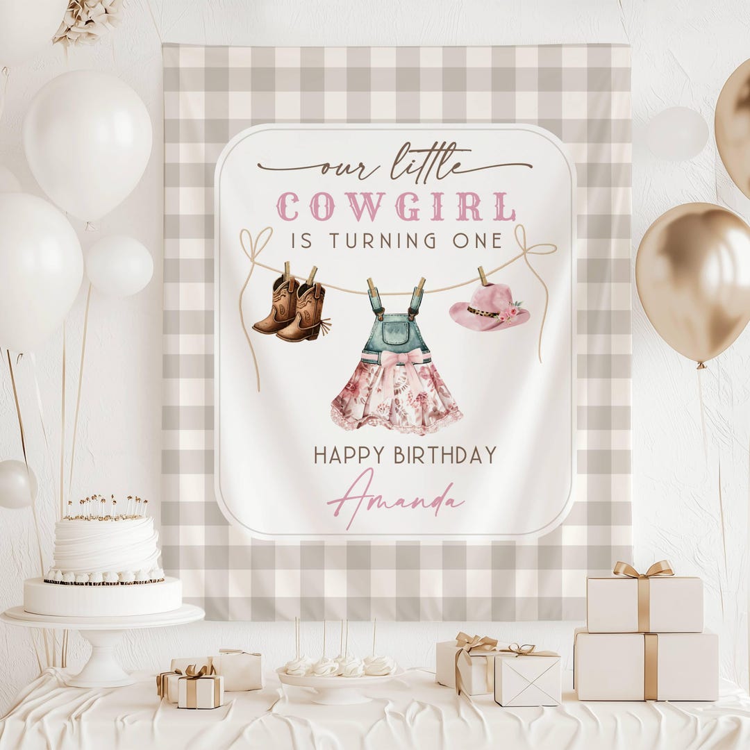 Pink Little Cowgirl Birthday Backdrop Cowgirl 1st Birthday Banner Pink ...