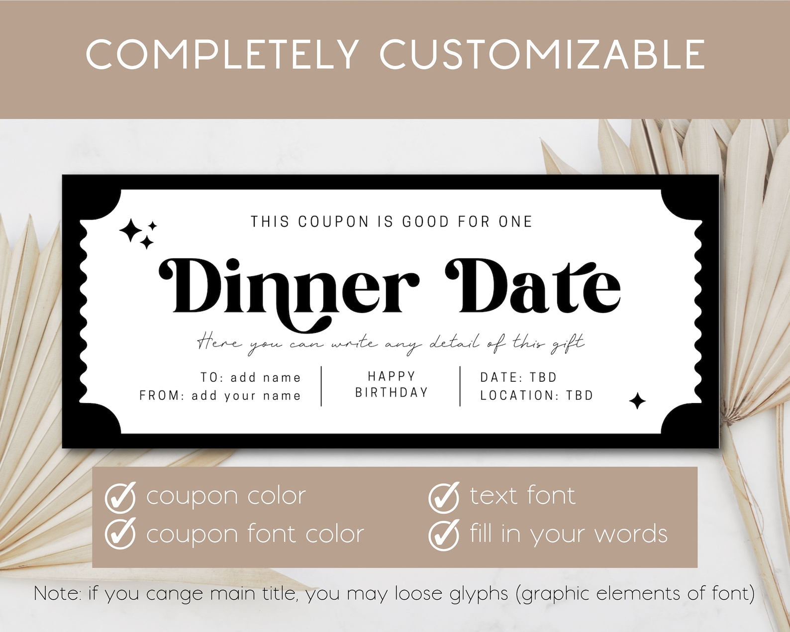 Custom Dinner Date Gift Coupon Editable Voucher for Dinner Date Ticket ...