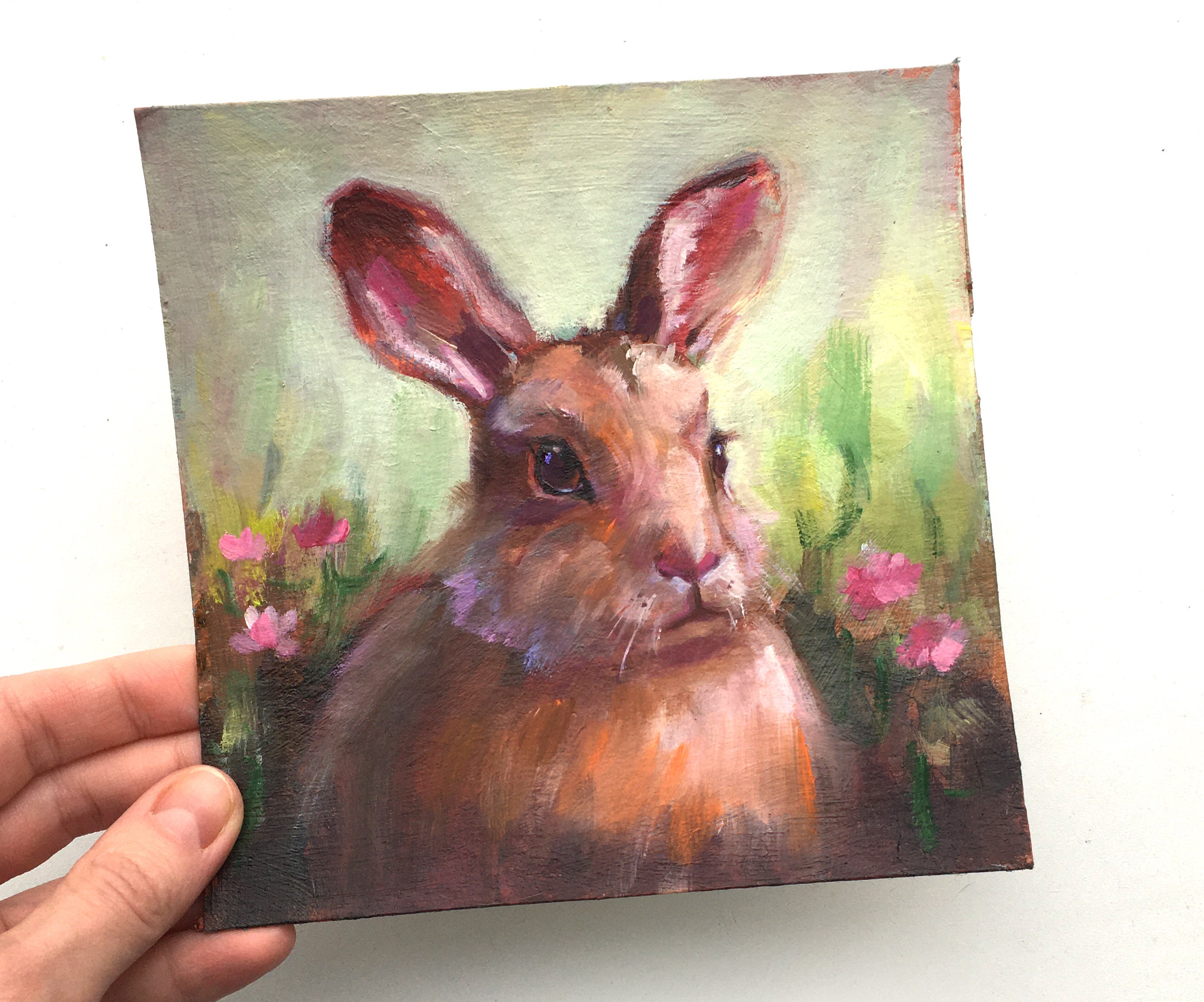 Framed Rabbit Oil Painting Original Flowers Small Bunny Landscape Gift ...