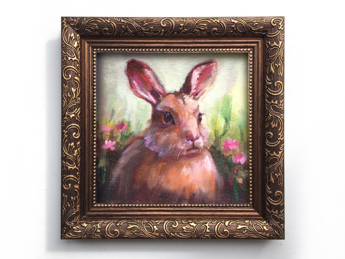 Framed Rabbit Oil Painting Original Flowers Small Bunny Landscape Gift ...