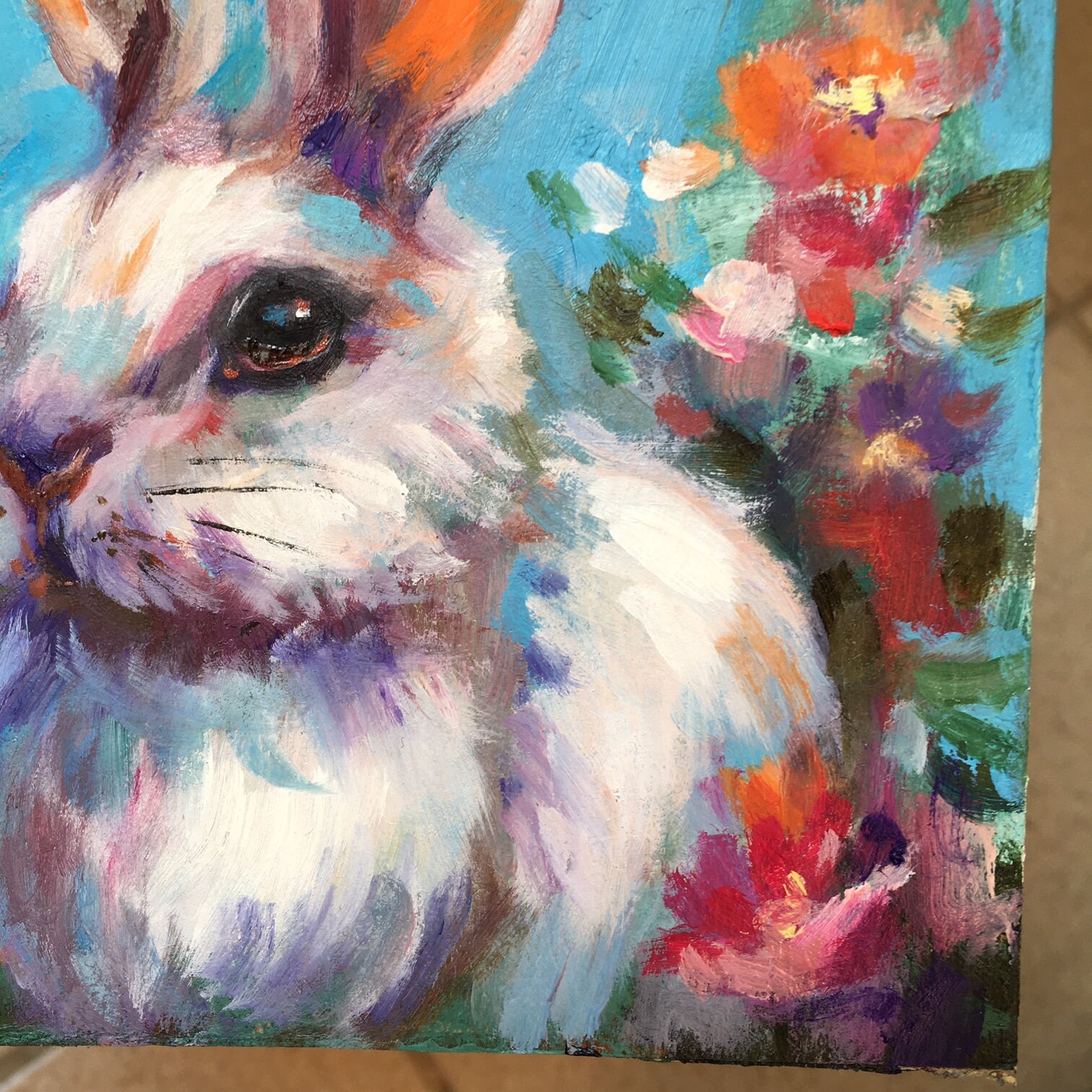 White Rabbit Oil Painting Original Flowers Small Bunny Blue Landscape ...
