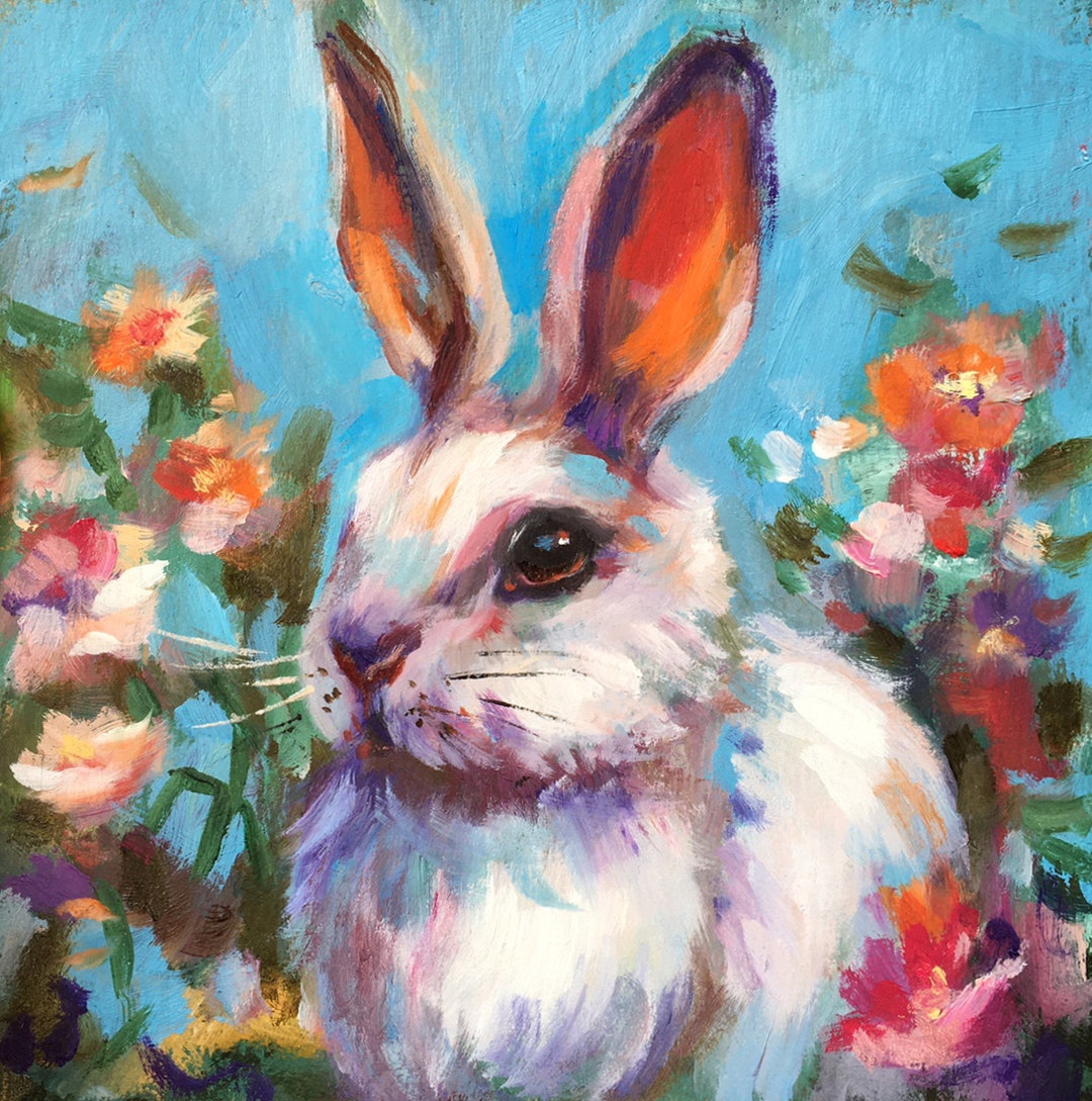 White Rabbit Oil Painting Original Flowers Small Bunny Blue Landscape ...