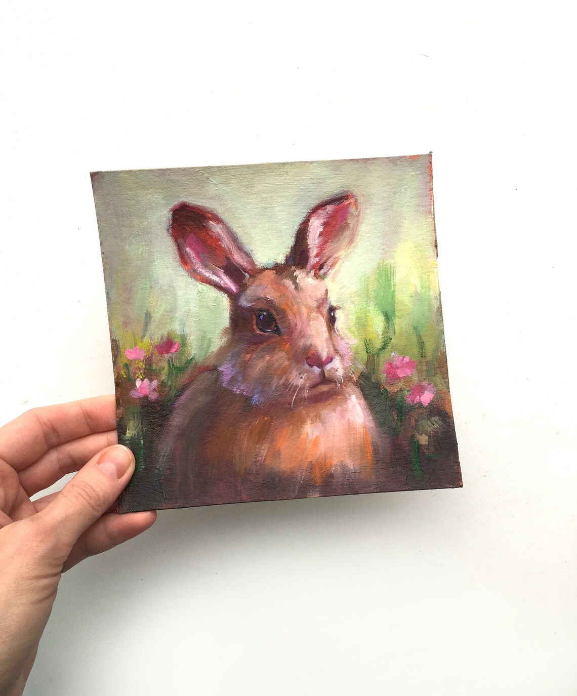 Framed Rabbit Oil Painting Original Flowers Small Bunny Landscape Gift ...