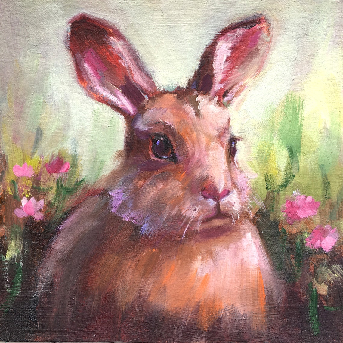 Framed Rabbit Oil Painting Original Flowers Small Bunny Landscape Gift ...
